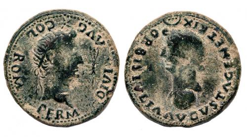 ROMULA. Dupondio. Tiberio. A/ Cabeza radiada de Augusto a der., encima ...